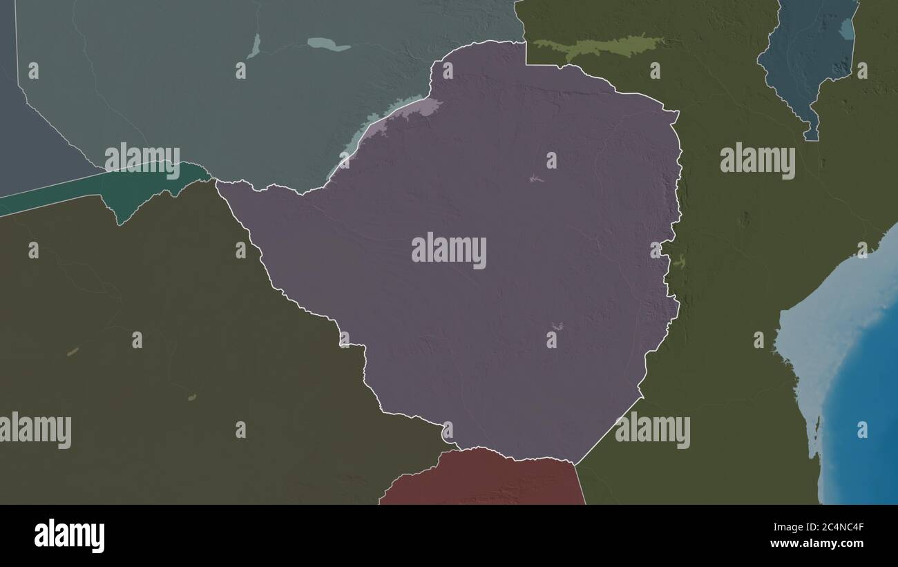 Outlined shape of the Zimbabwe area. Colored and bumped map of the ...
