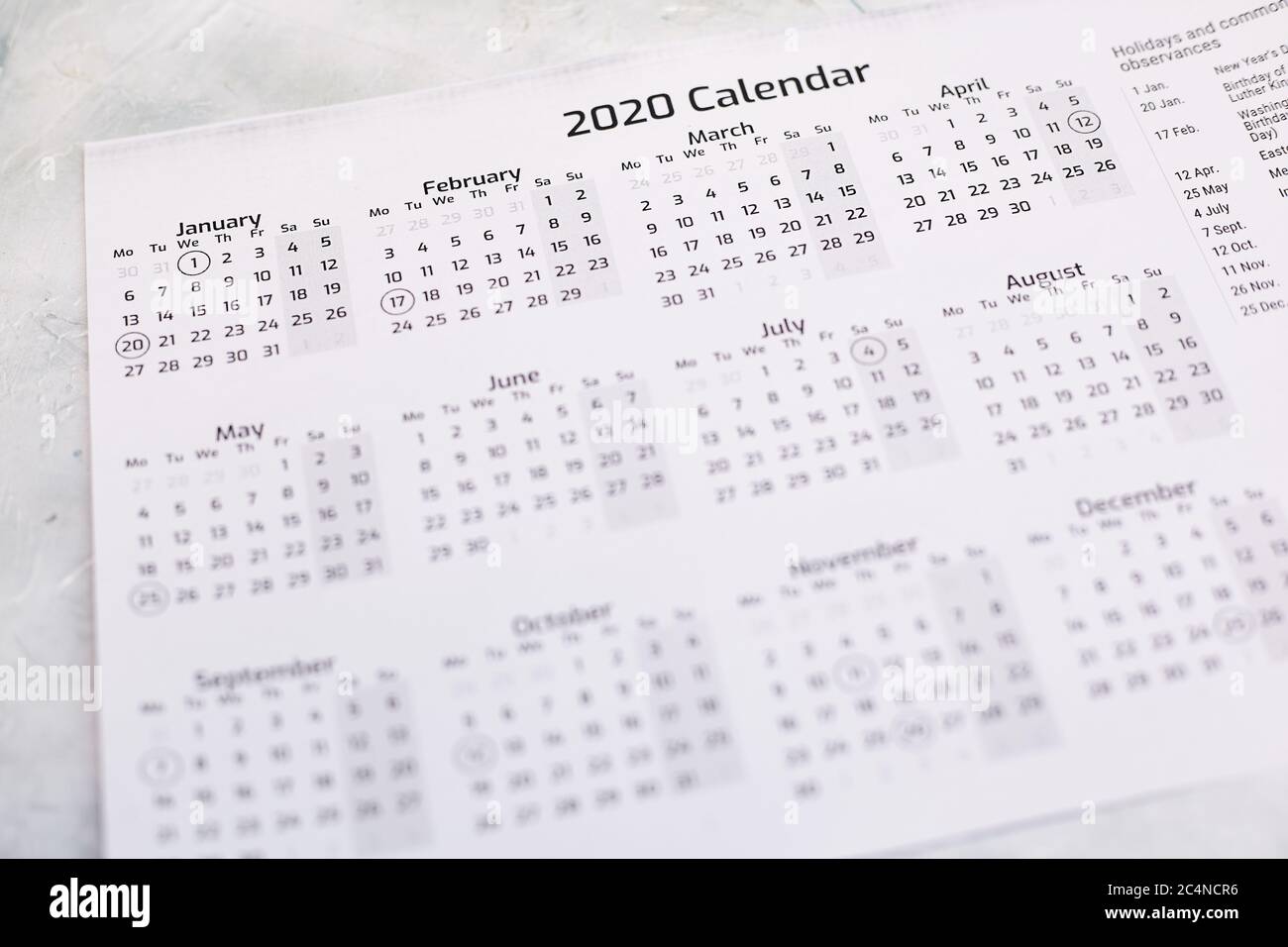 Soft focus of a 2020 calendar against a white textured background Stock ...