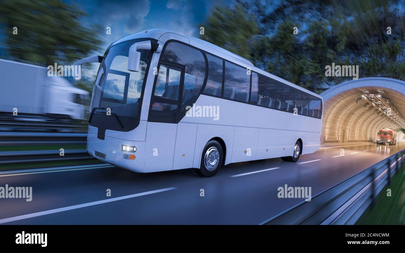 Passenger Bus with Several Other Commercial Trucks in Motion 3D ...
