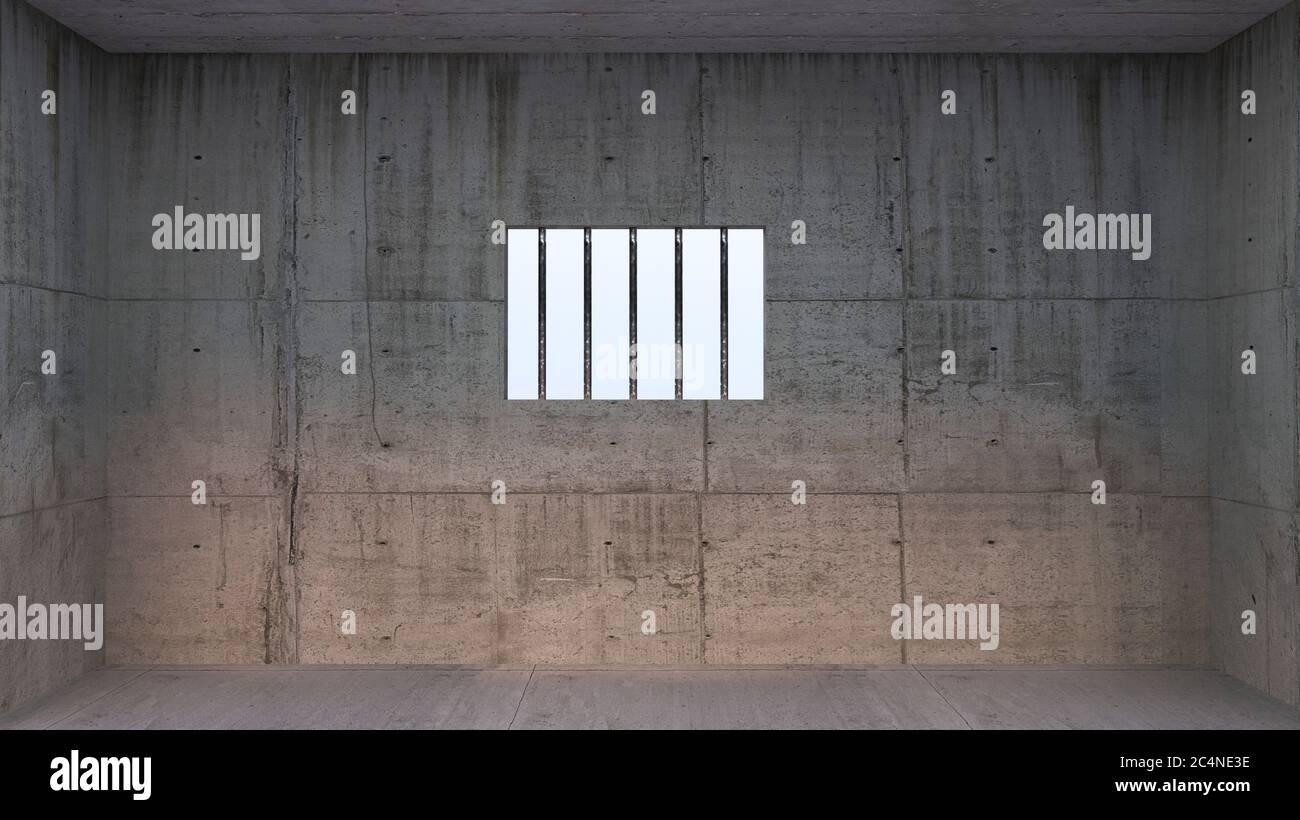 Prison cell with light shining through a barred window - inside jail barrier, bars-- 3D ...