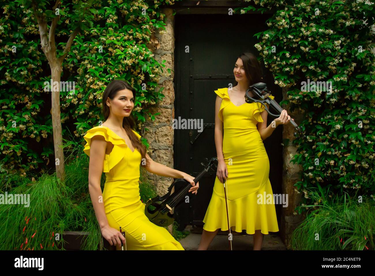 Two beautiful twin sisters violinists in yellow concert dresses are ...