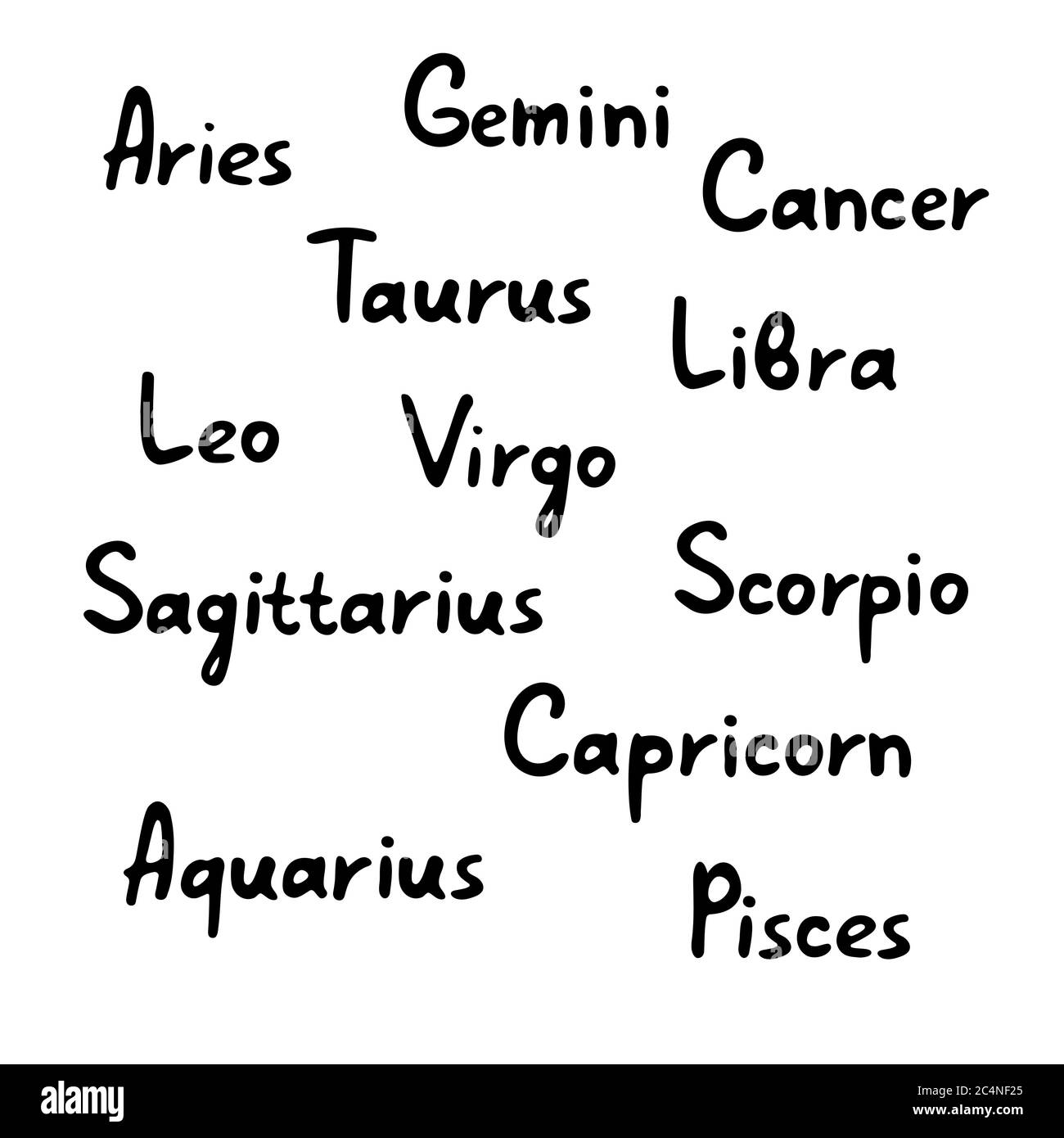 Names of the zodiac signs. Set of hand drawn horoscope inscriptions ...