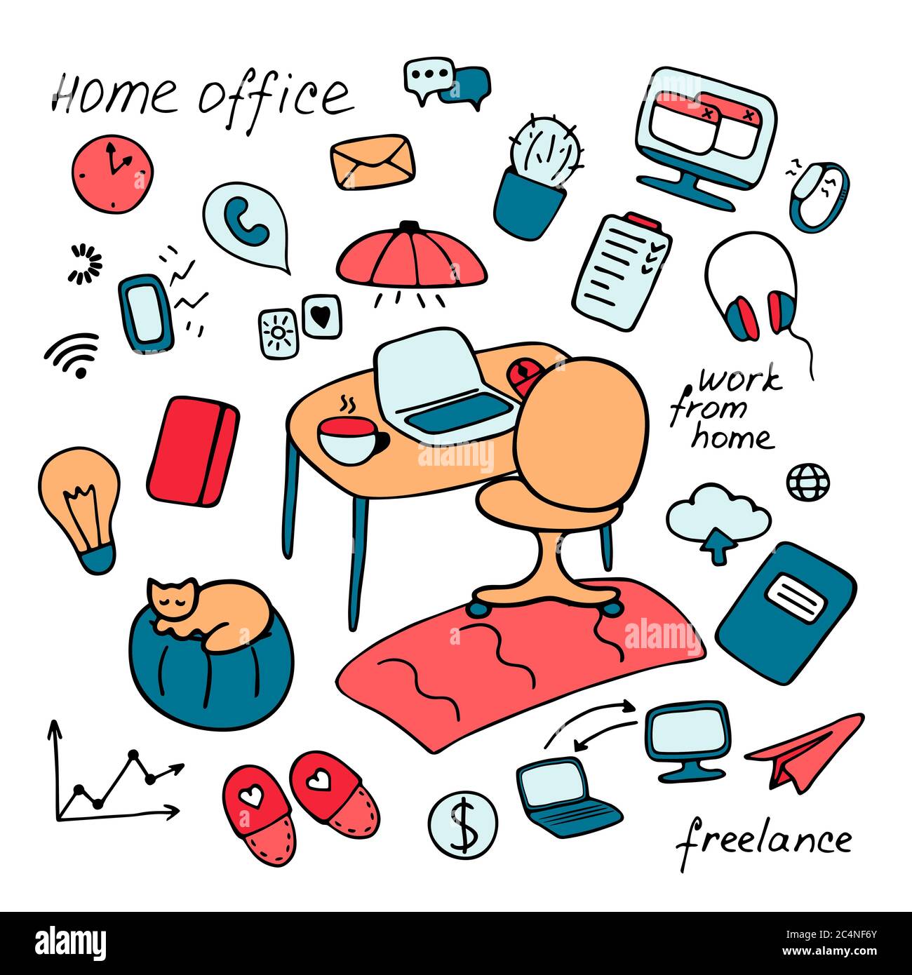 Work from home, freelance, home office concept. Hand drawn flat icon ...