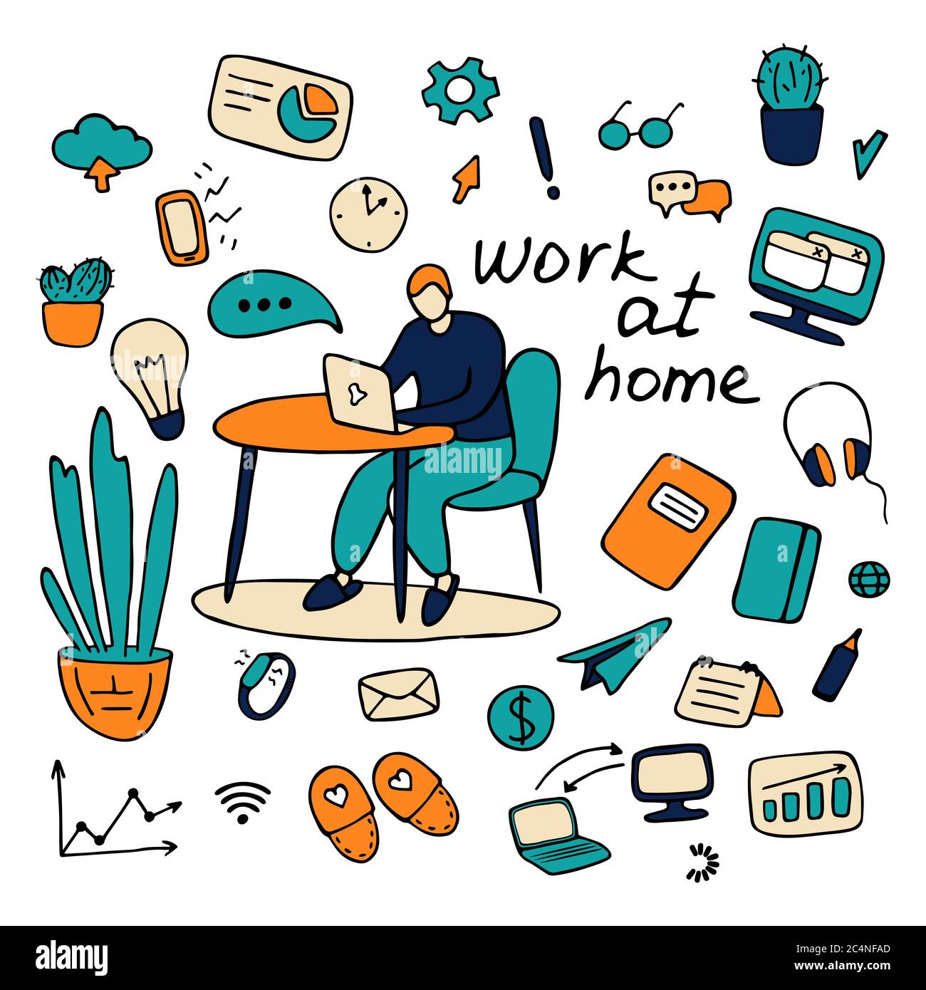 Work From Home Illustration Set Vector. Hand Drawn Flat Home And ...