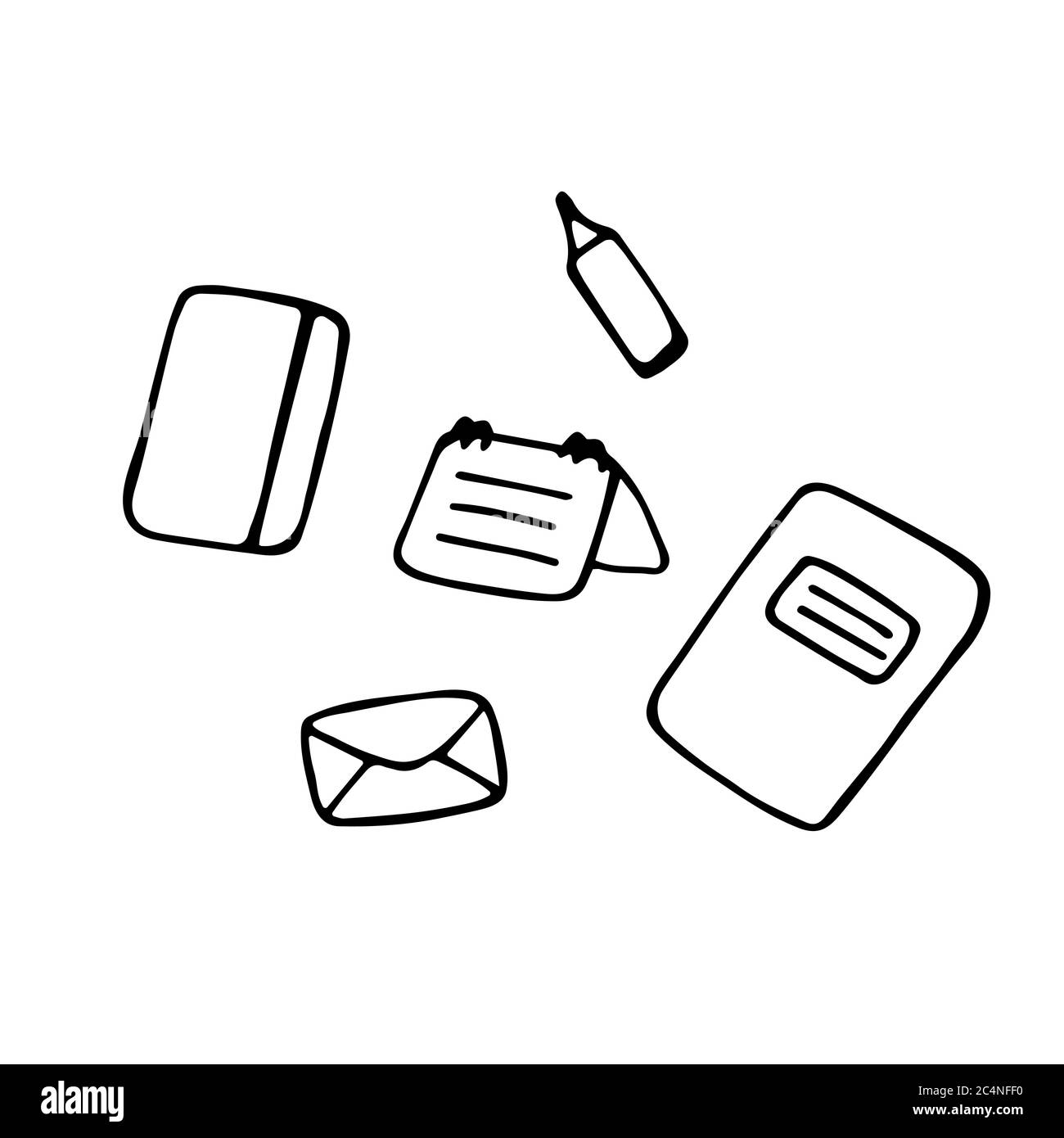 Doodle stationery icons. Hand-drawn notebook, calendar, notepad ...