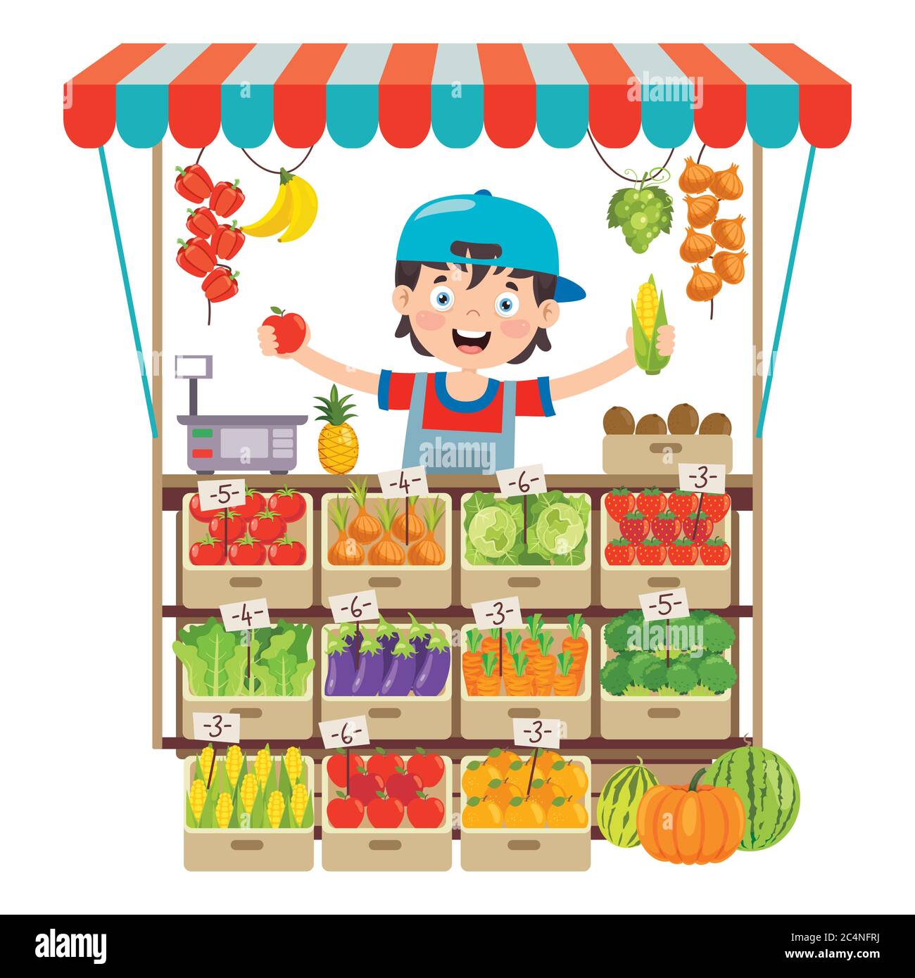 Green Grocer Shop With Various Fruits And Vegetables Stock Vector Image ...