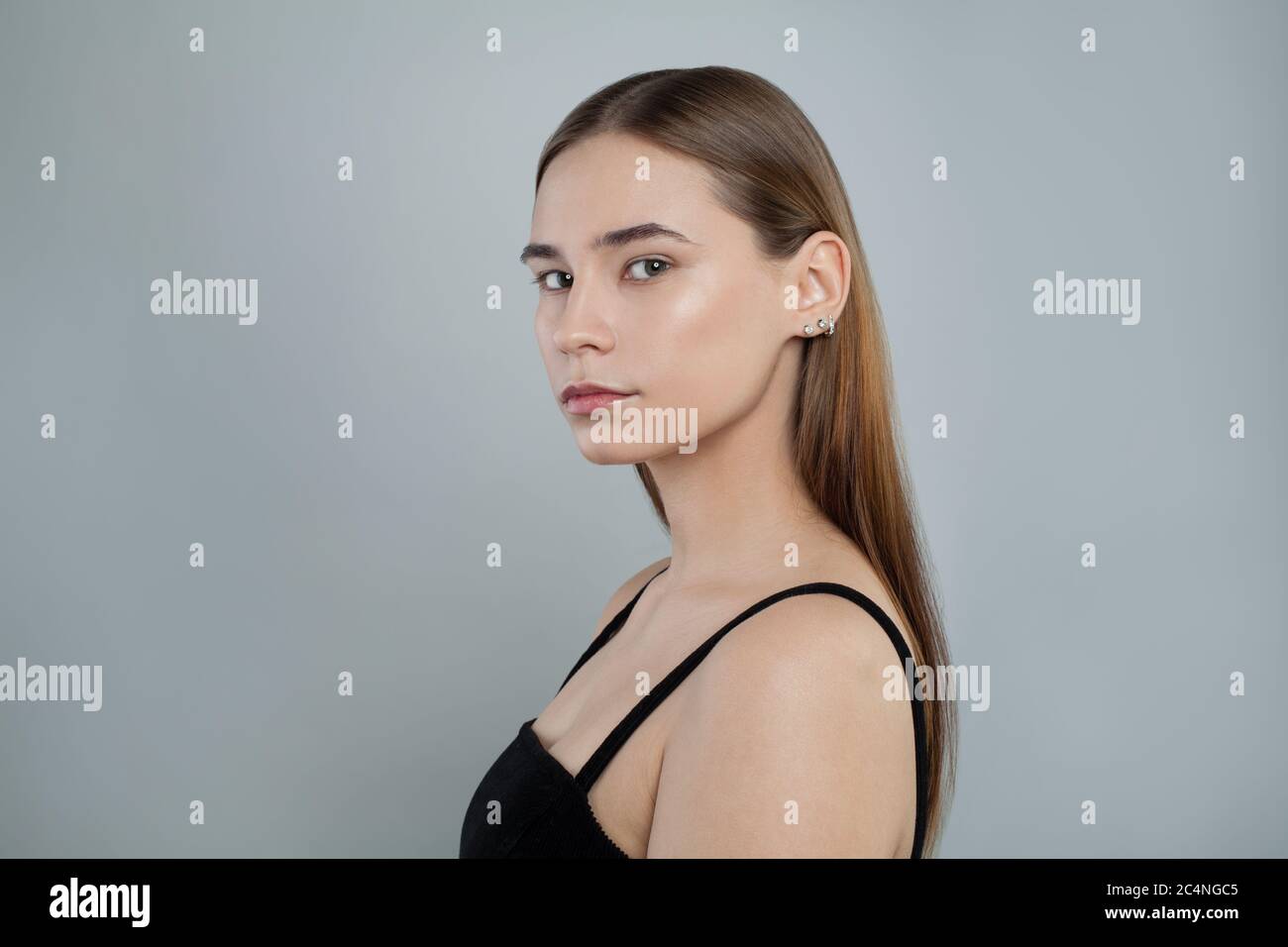Beautiful young woman without makeup on white background, natural ...