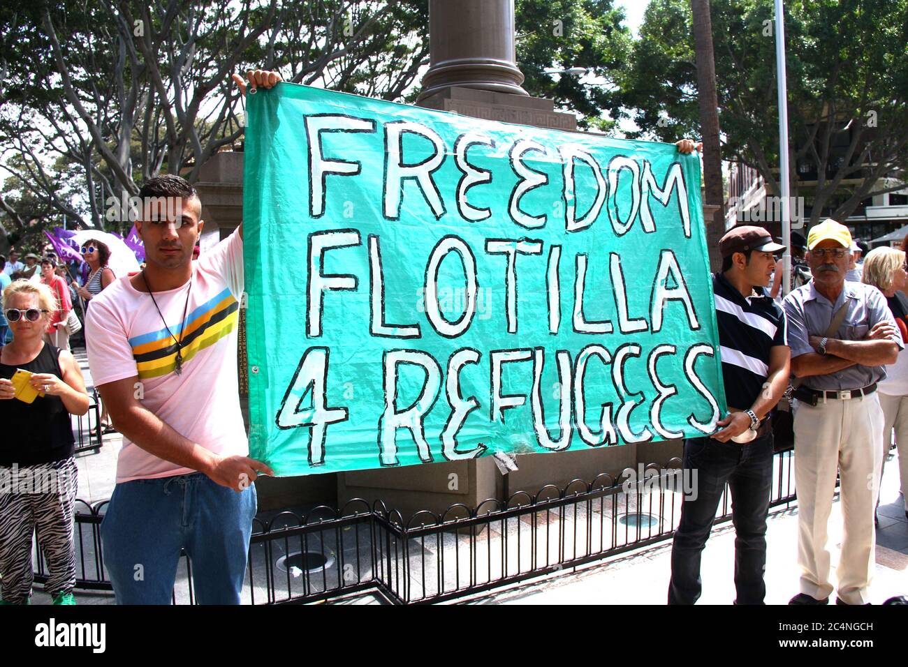 Protesters gather in Manly. One banner read, ‘Freedom flotilla 4 ...
