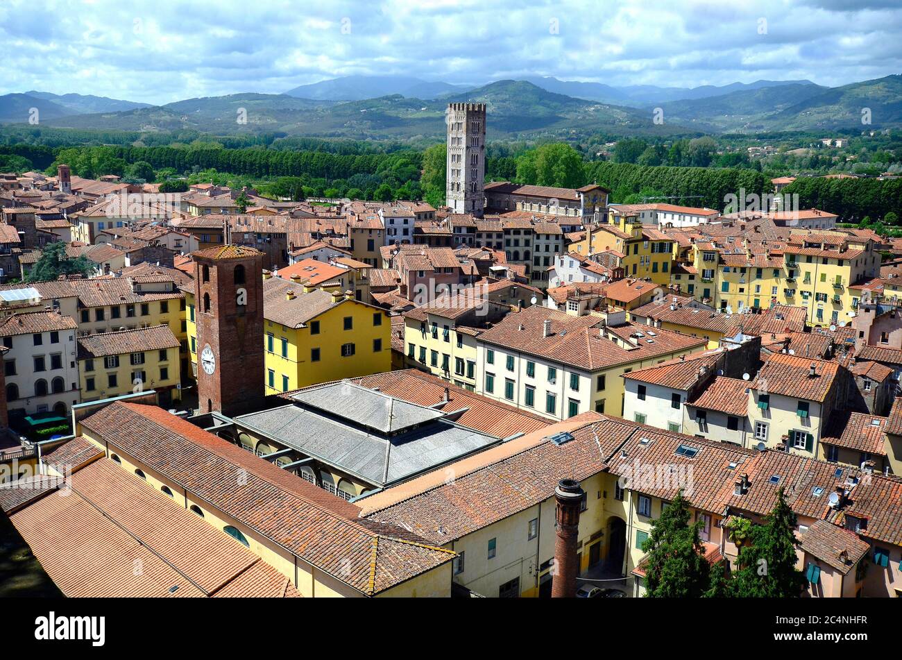 Italy, Lucca, view from Guinigi Tower over the medieval village with ...