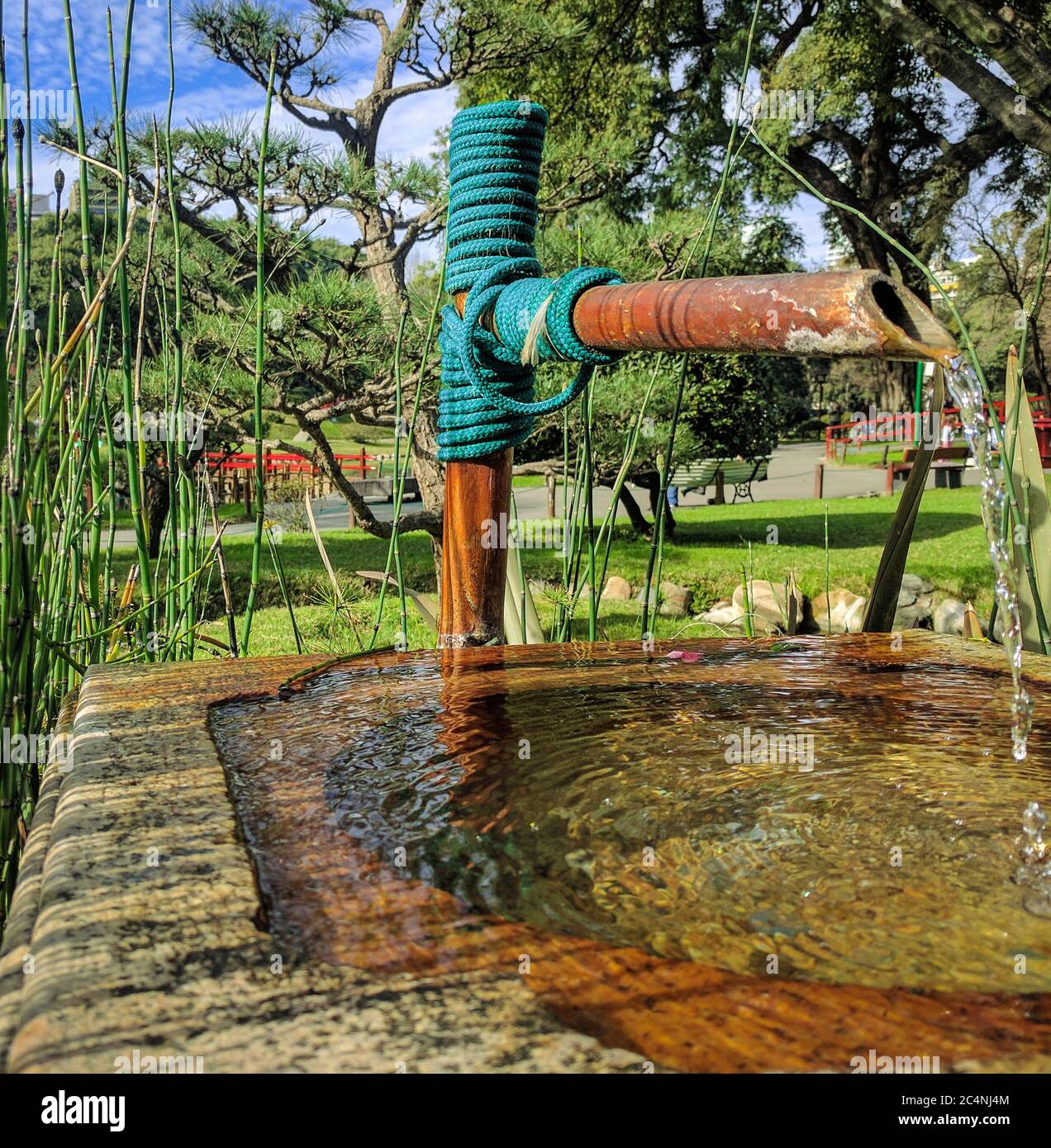 Old, aged and rusty metallic faucet pouring down in the concrete sink ...