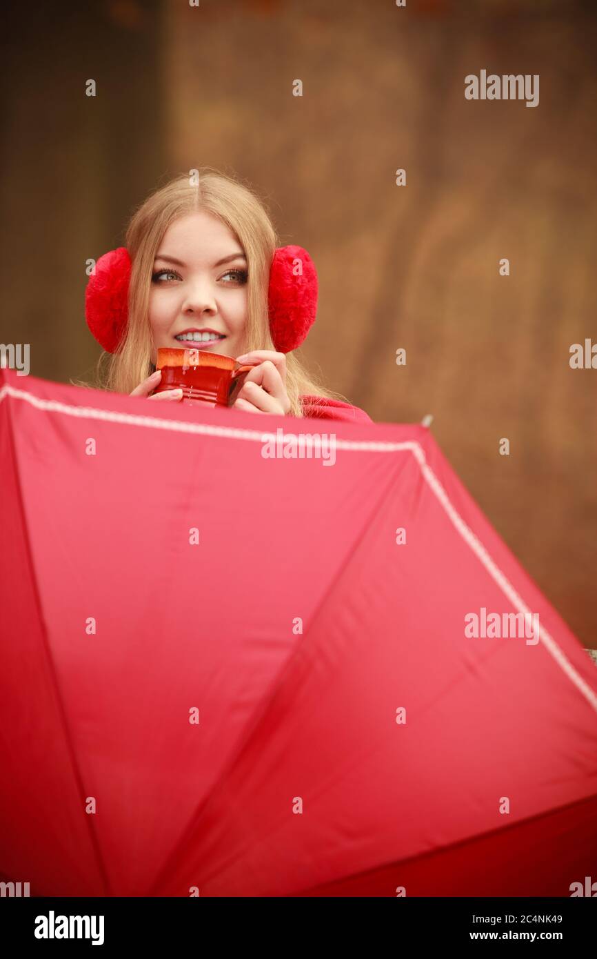 Season fall protection nature feminine red concept. Girl in park with ...