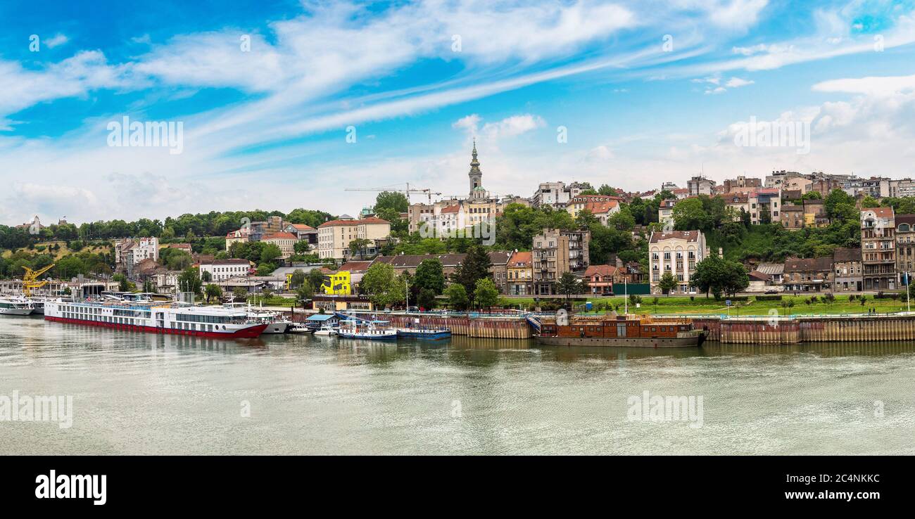 Belgrade cityscape from the Sava river in Serbia in a beautiful summer ...