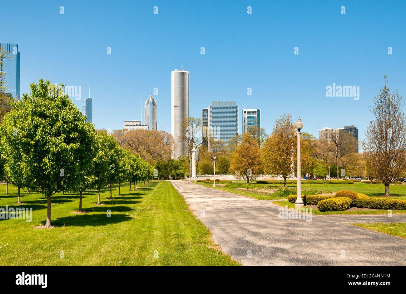 Gardens of Chicago Grant Park with skyscrapers on background, Illinois ...