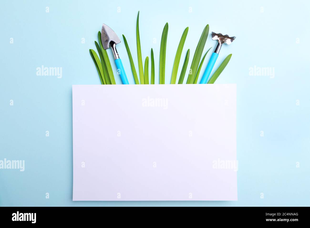 Spring paper cut background with leaves and gardens tools. Hello spring ...