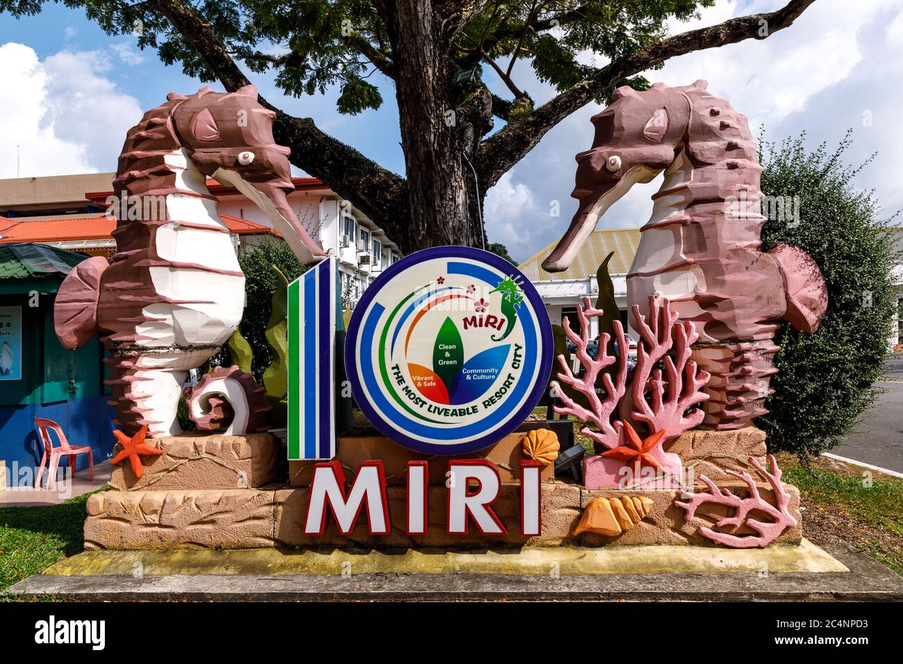 Miri, Sarawak, Malaysia: Promotional sculpture with 2 sea horses. The ...