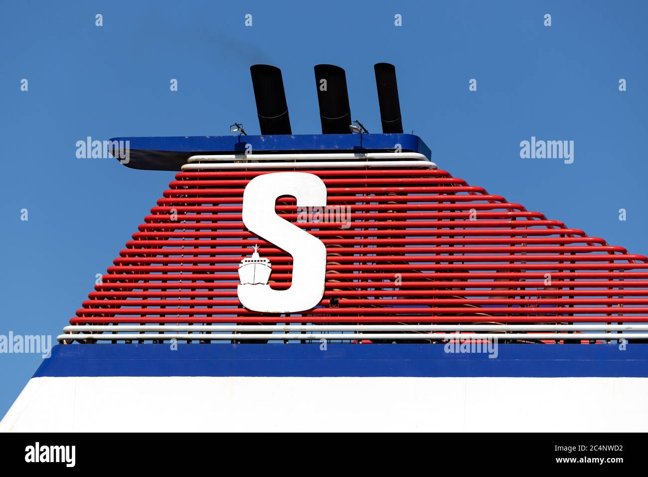 Stena Line logo at the funnel of ferry MECKLENBURG-VORPOMMERN. Stena ...