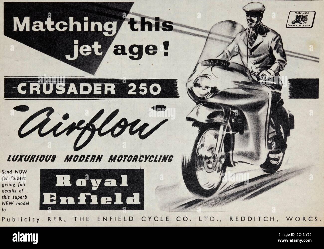 Vintage advertisement for the British Royal Enfield Crusader 250 motorcycle with Airflow fairing ...