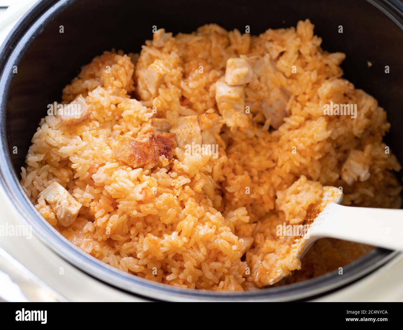 Rice with turkey meat cooked in instant pot. Top view of ready-to-eat ...