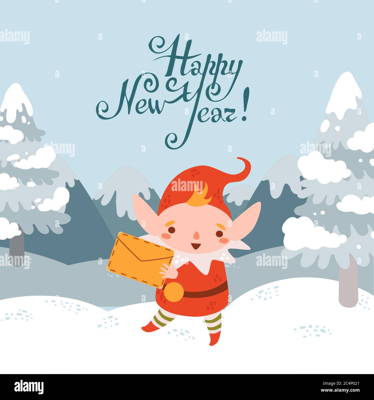 Flat cartoon cute vector Christmas elf with letter. winter landscape ...