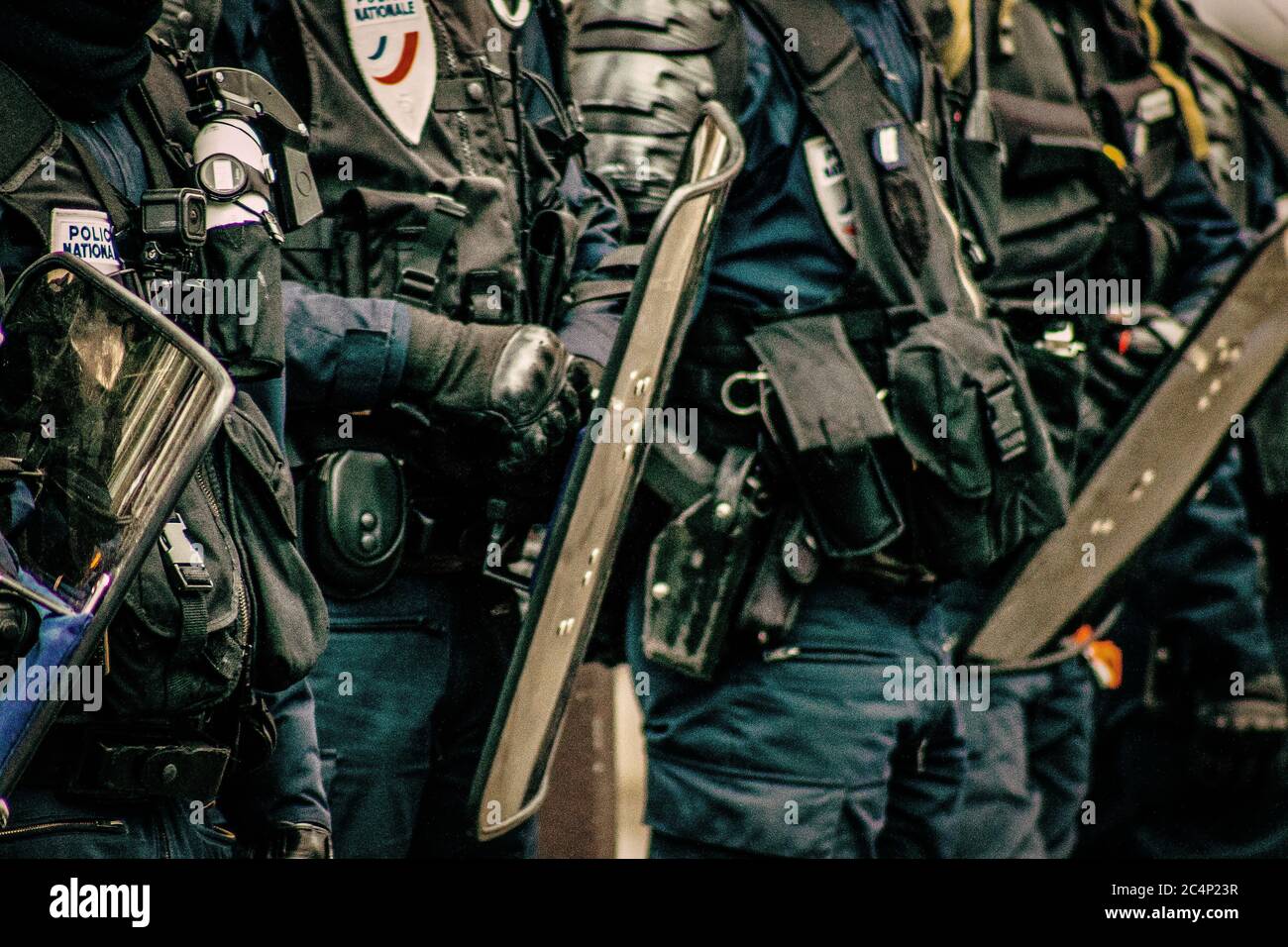 Closeup of the equipment of the special riot force of the French ...