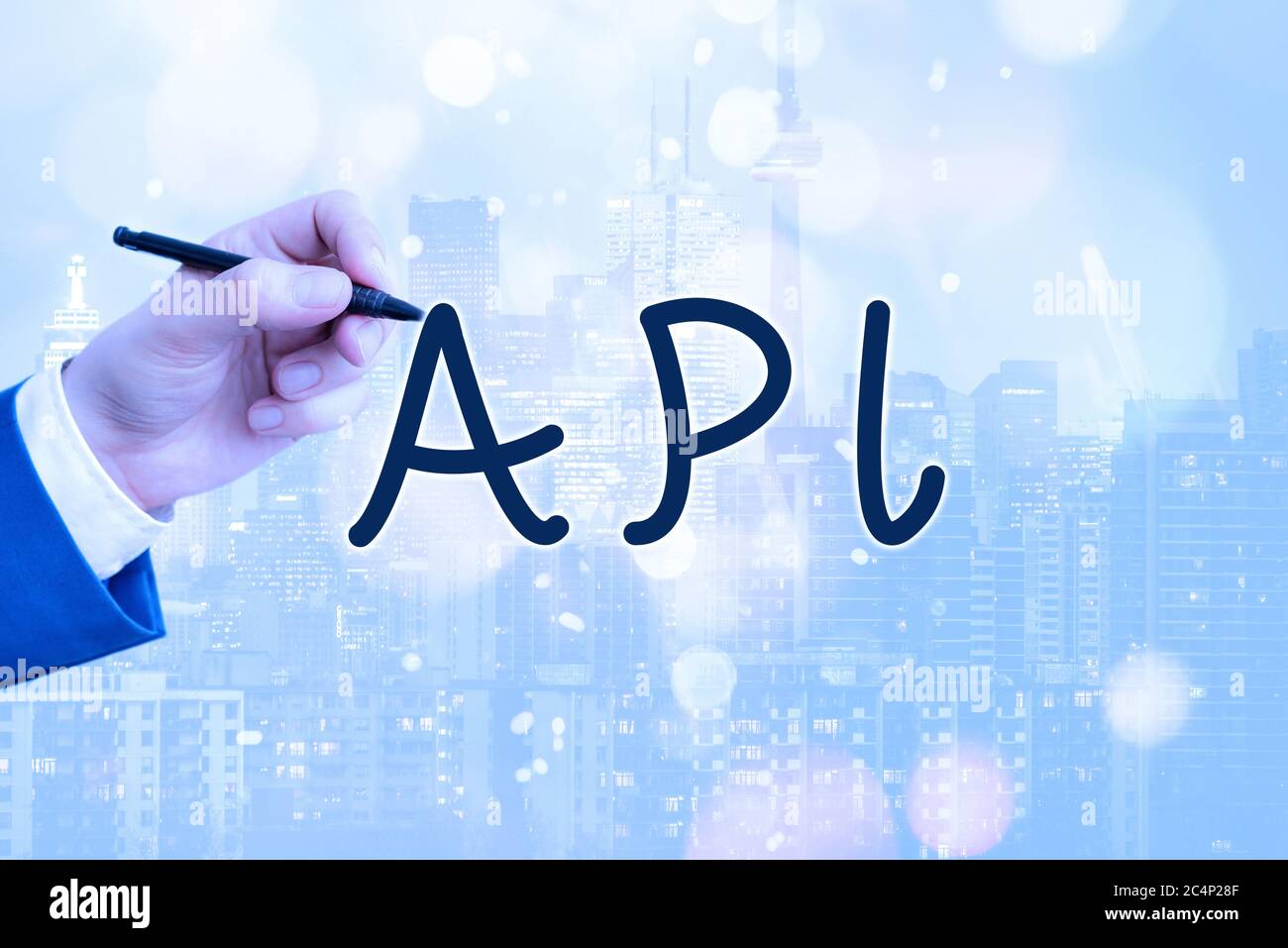 Conceptual hand writing showing Api. Concept meaning set of routines, protocols, and tools for ...