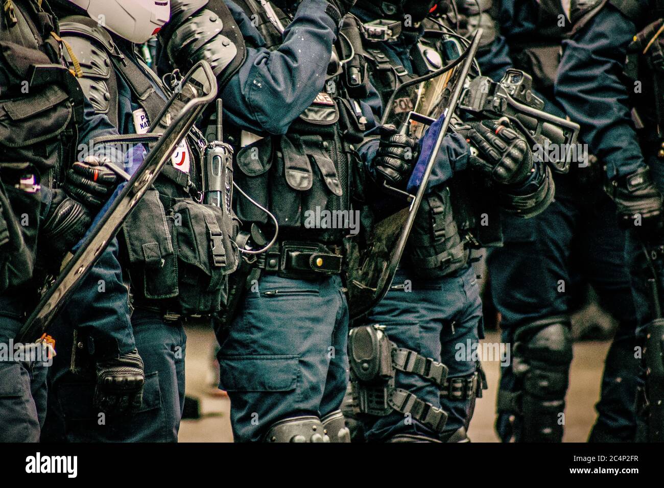 Closeup of the equipment of the special riot force of the French ...