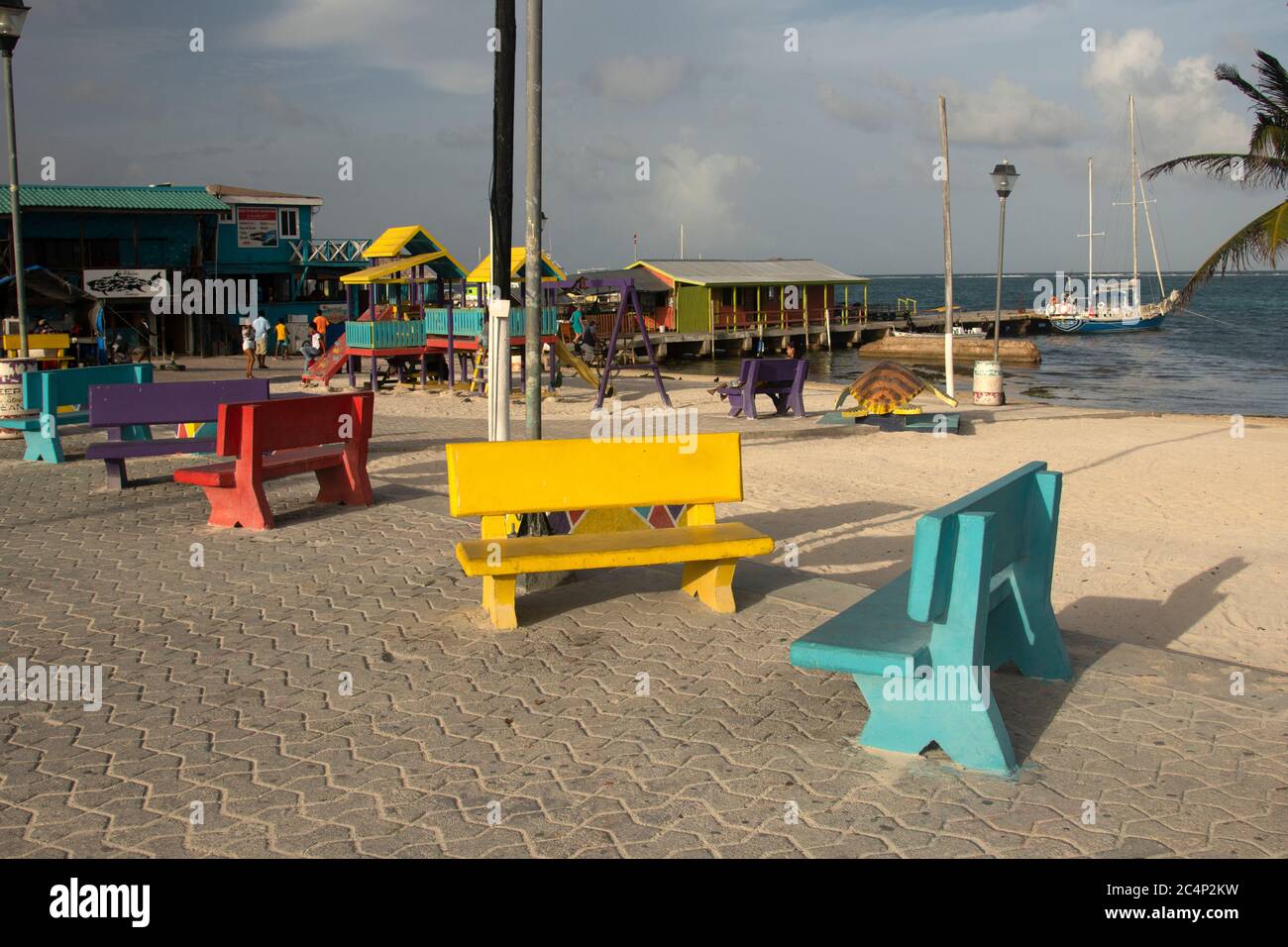 Colorful benches in downtown San Pedro, Ambergris Caye, Belize Stock ...