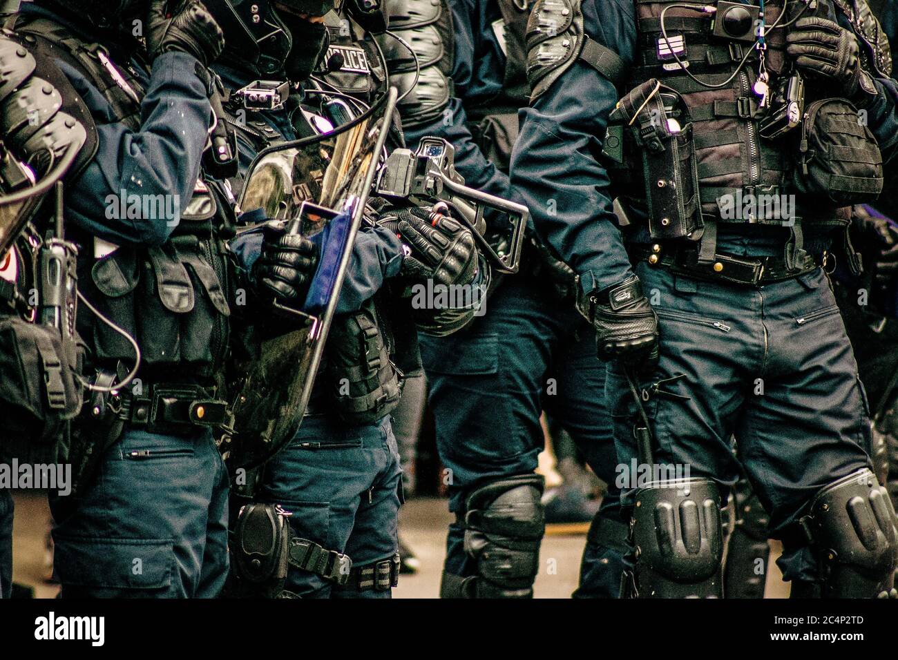 Closeup of the equipment of the special riot force of the French ...