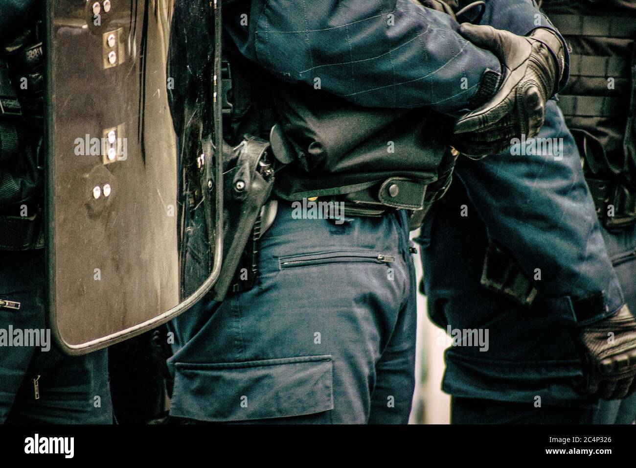 Closeup of the equipment of the special riot force of the French ...