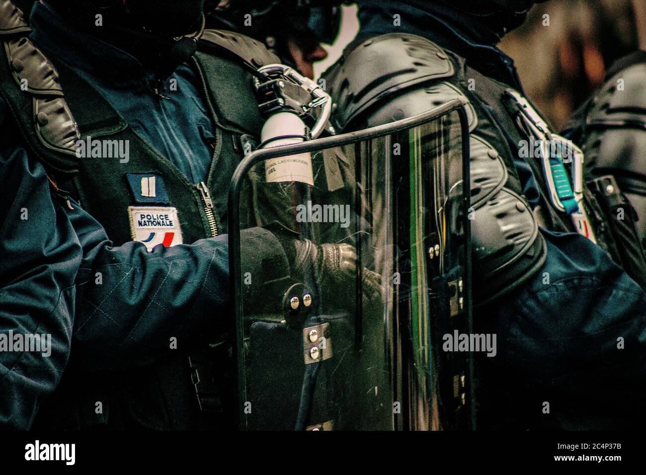Closeup of the equipment of the special riot force of the French ...