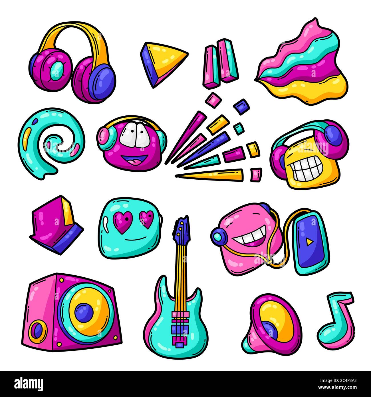 Set of cartoon musical items. Music party colorful teenage creative ...