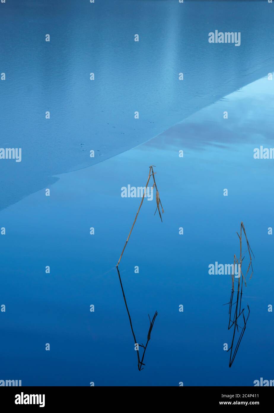 Half frozen ice skim layer , calm lake surface and couple of broken ...