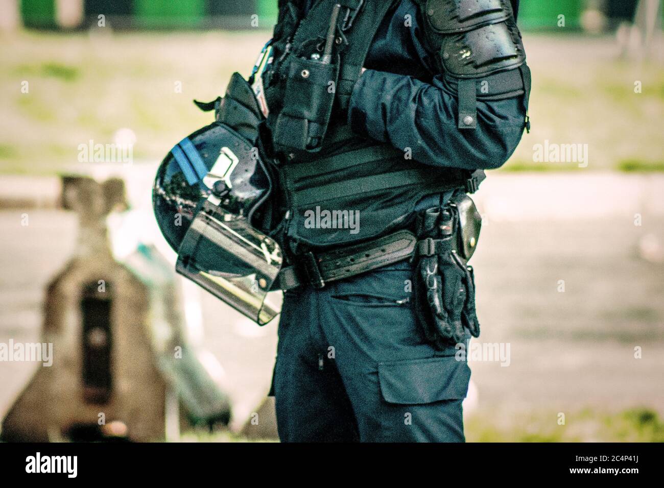 Closeup of the equipment of the special riot force of the French ...