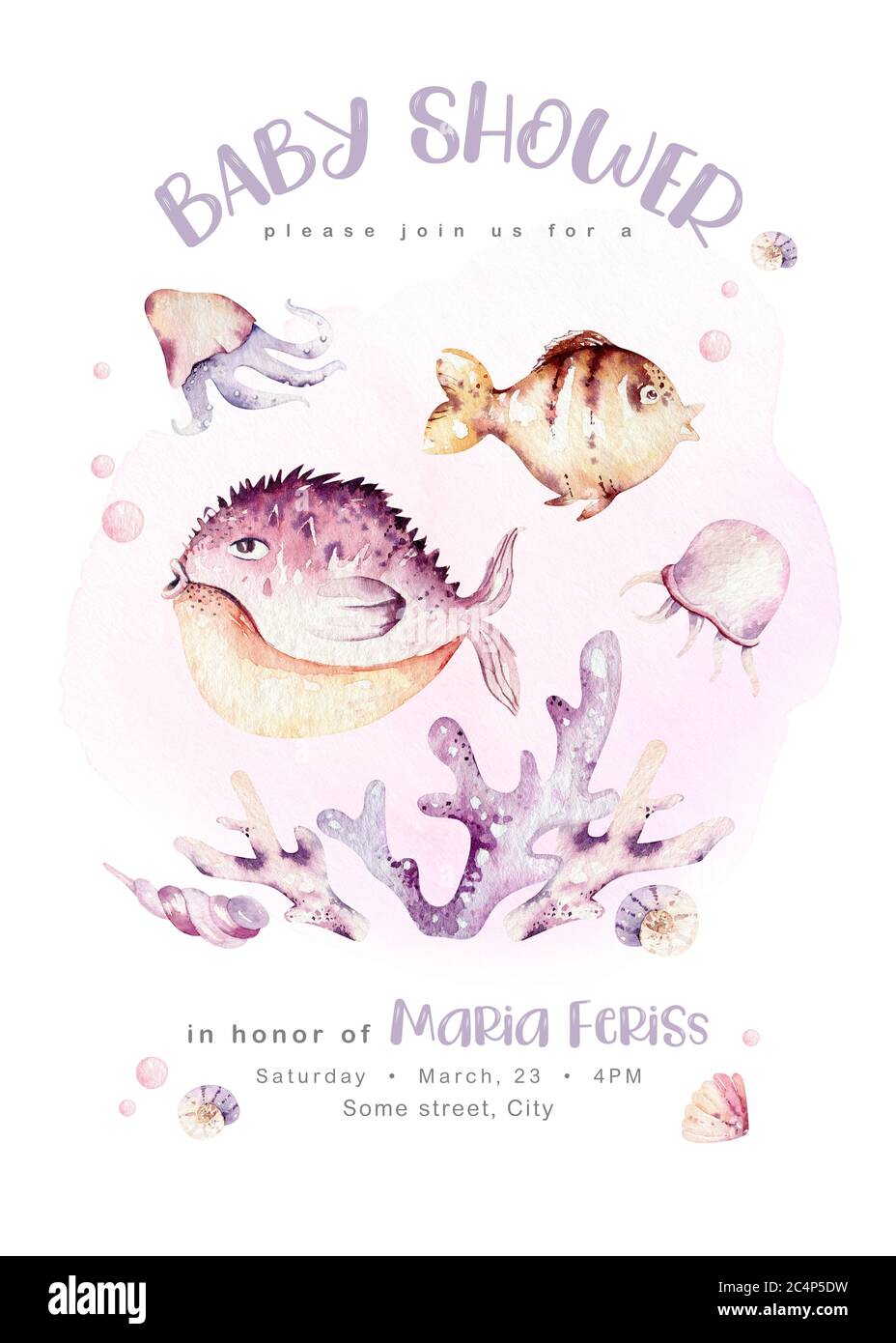 sea animals aquarium baby shower poster. Blue watercolor ocean fish ...