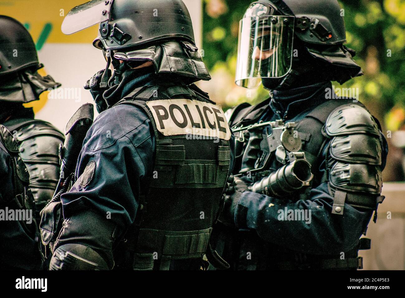 Closeup of the equipment of the special riot force of the French ...