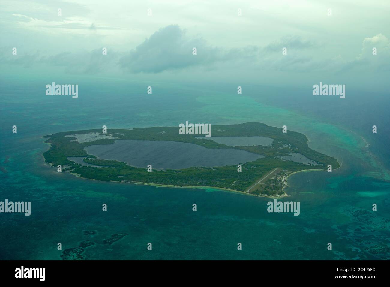 Aerial view of Northern Two Cayes, Lighthouse Reef Atoll, Belize ...