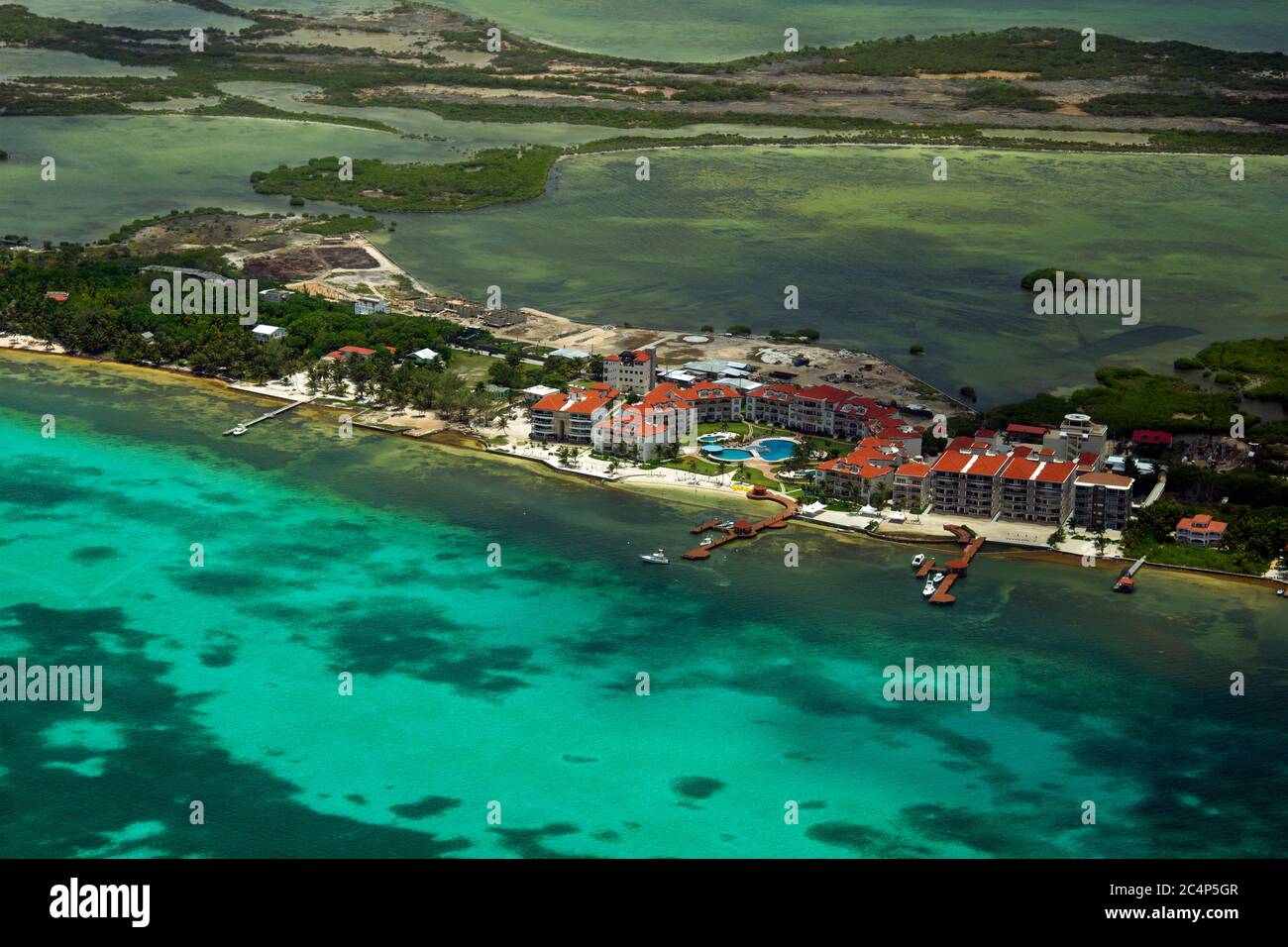 Aerial view of hotels in San Pedro, Ambergris Caye, Belize Stock Photo ...