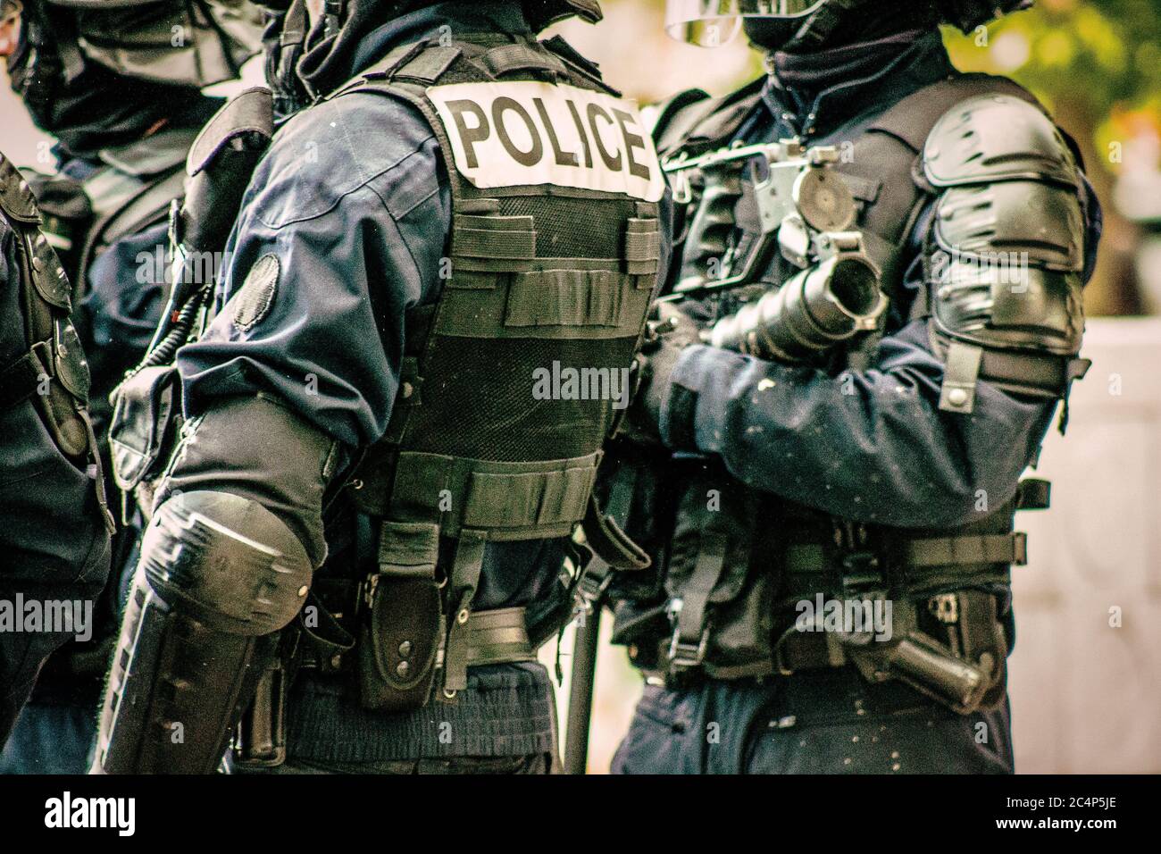 Closeup of the equipment of the special riot force of the French ...