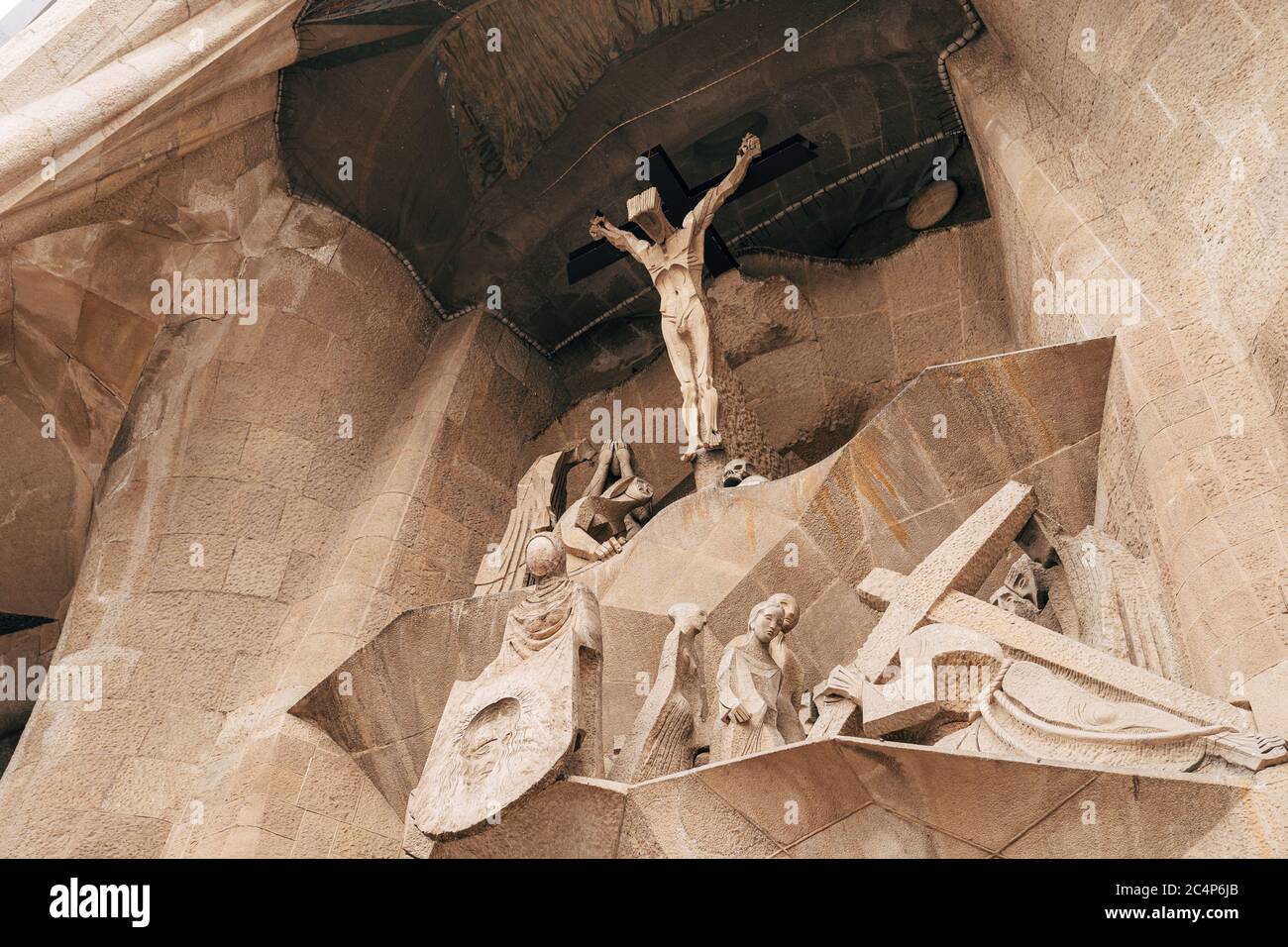 Sagrada Familia is a facade of passions. Stone statues, the crucifixion of Jesus Christ Stock ...