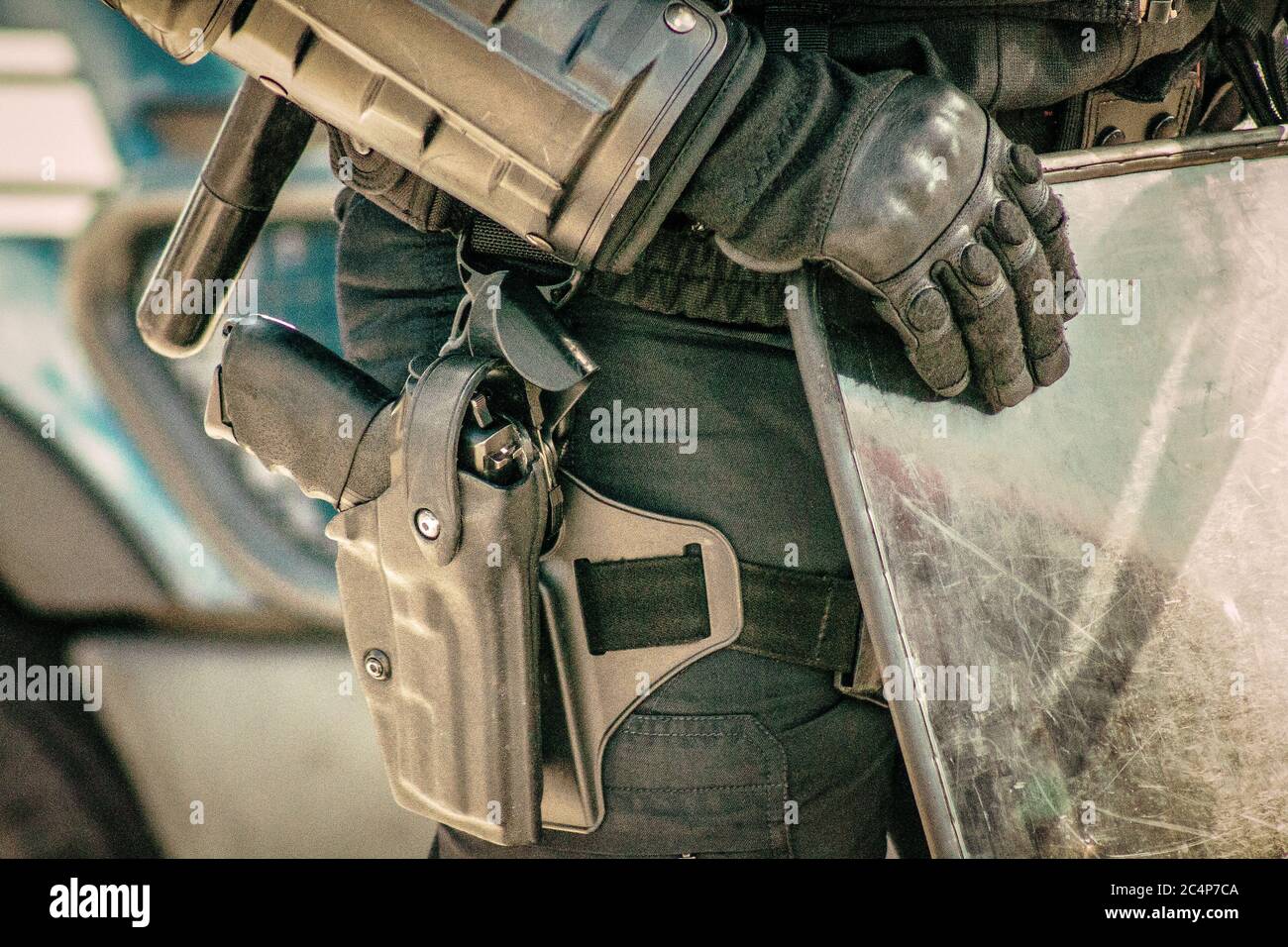 Closeup of the equipment of the special riot force of the French ...