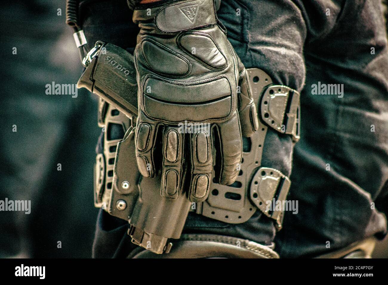 Closeup of the equipment of the special riot force of the French ...