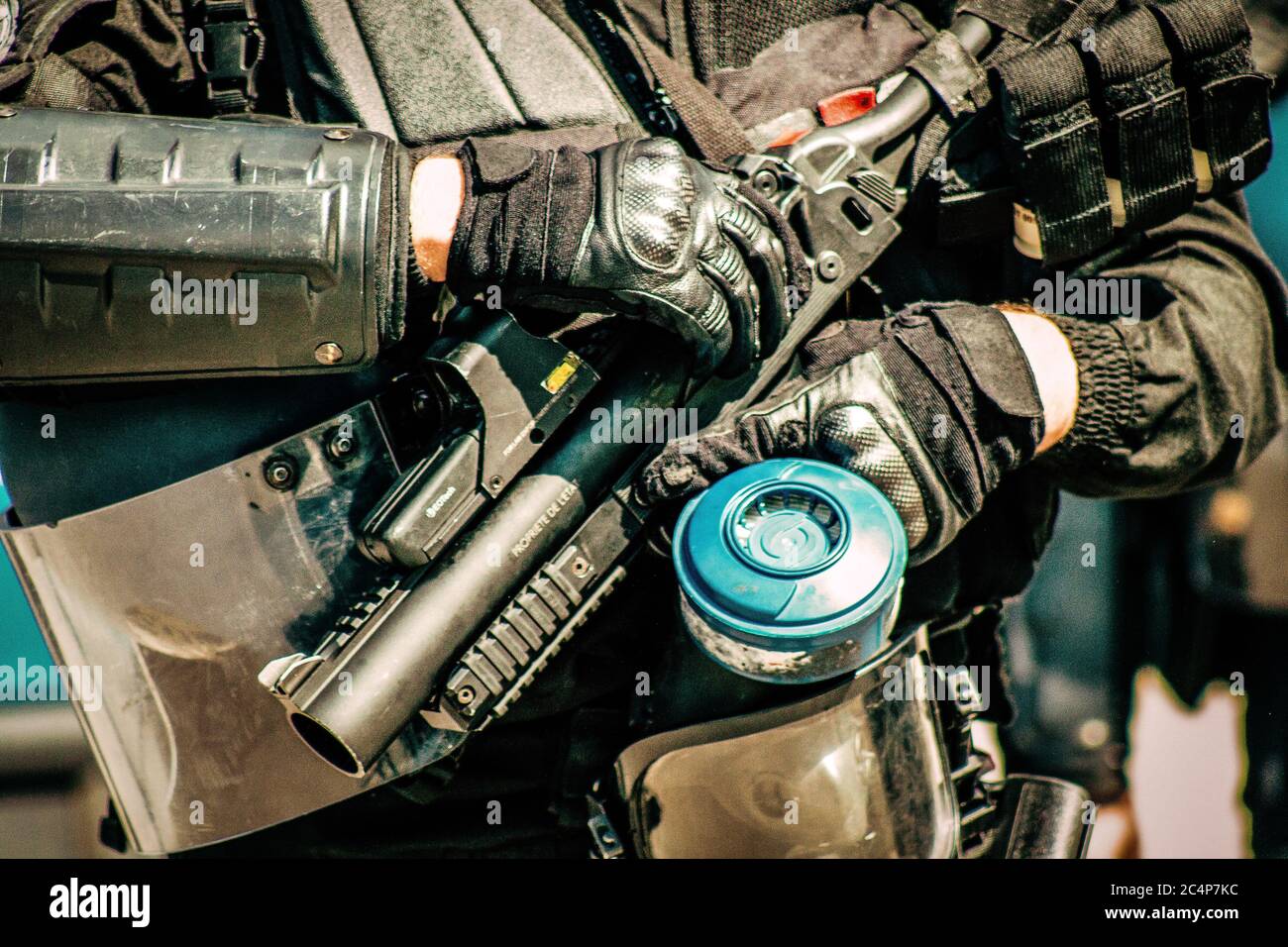 Closeup of the equipment of the special riot force of the French ...