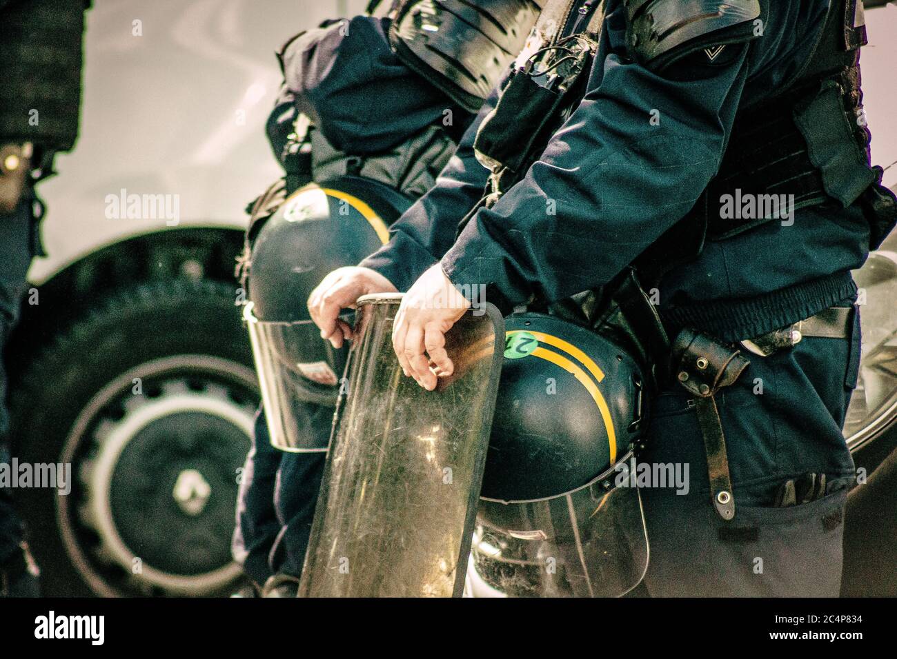 Closeup of the equipment of the special riot force of the French ...