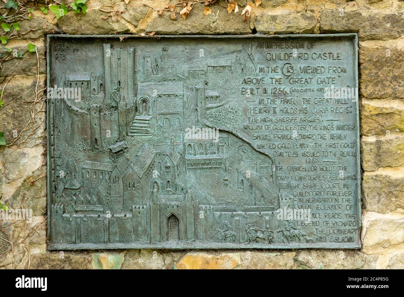 Plaque at Guildford Castle, Surrey, England, UK with an impression of ...