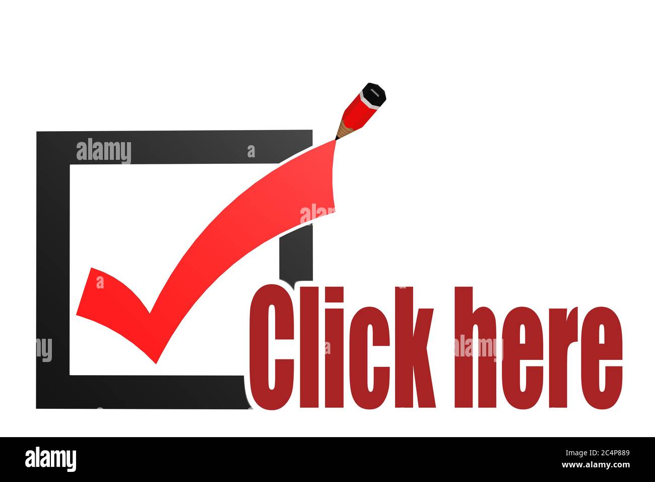 Click here word with check mark and pencil, 3D rendering Stock Photo ...