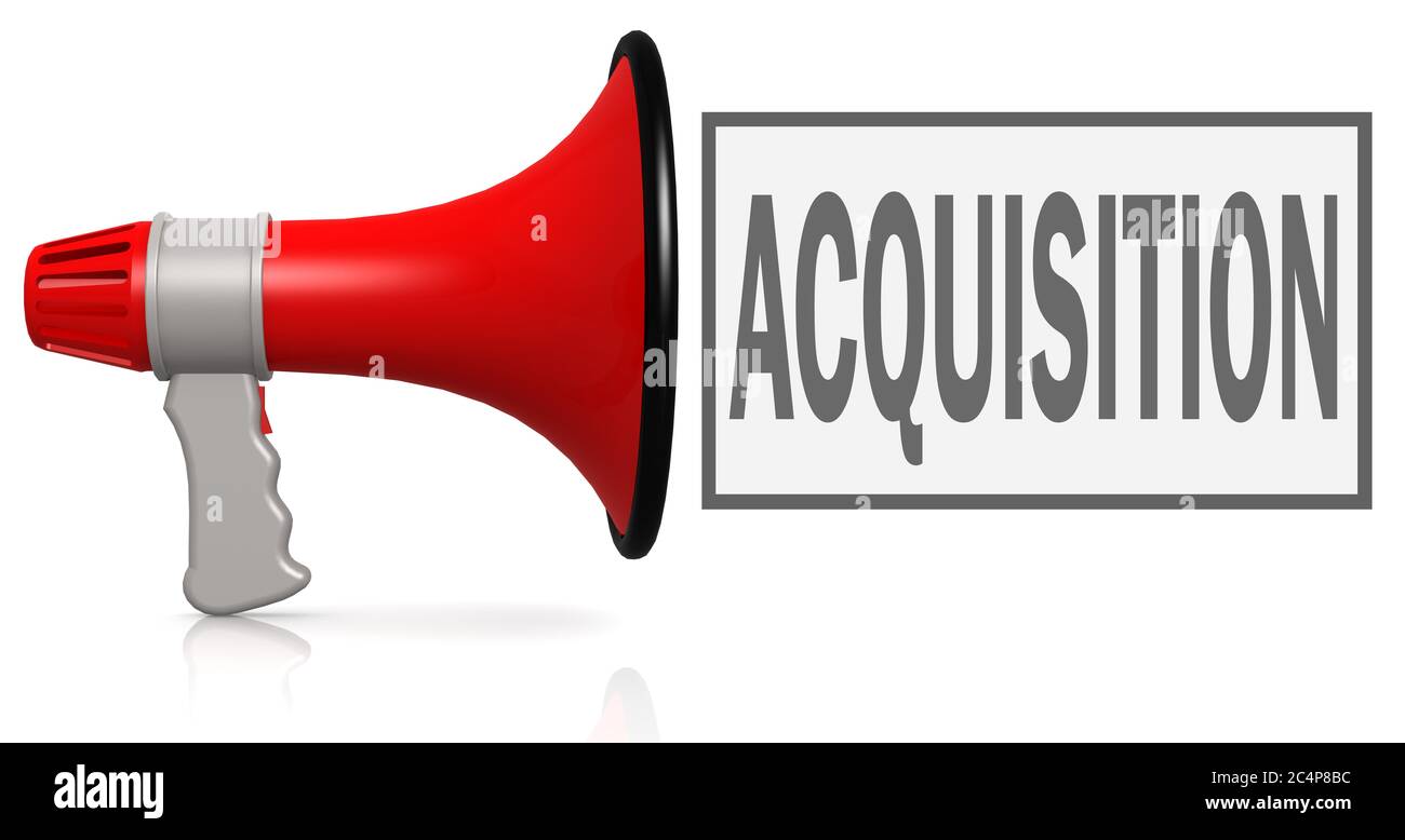 Acquisition word with red megaphone isolated on white, 3D rendering ...