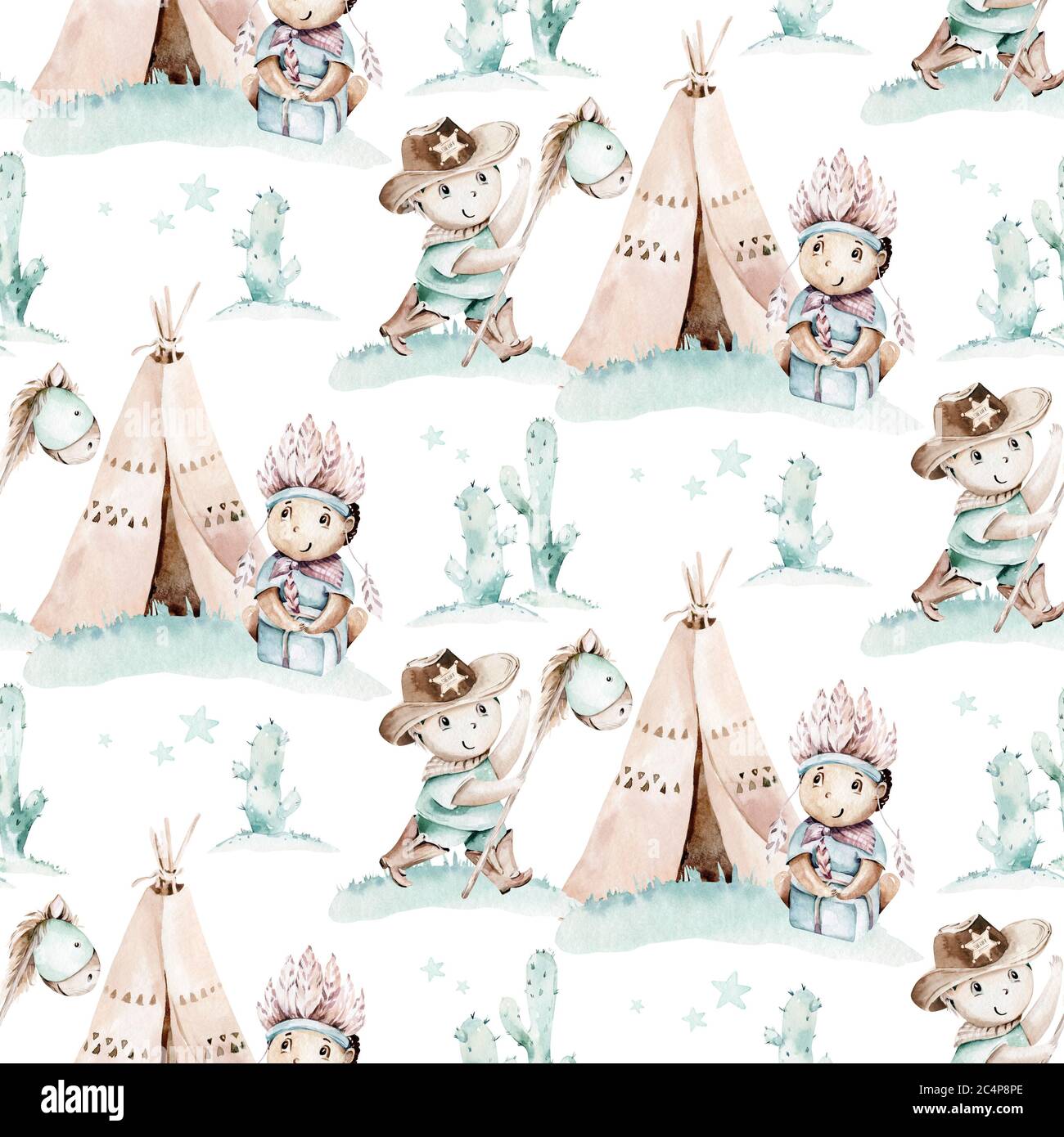 Western baby boy cowboy seamless pattern and teepee tent watercolor ...