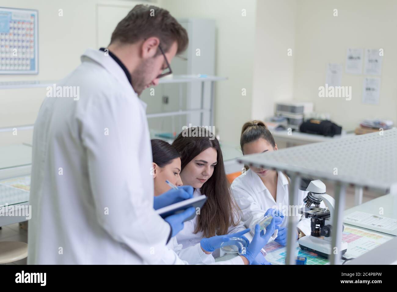 Group of Laboratory scientists working at lab with test tubes, test or ...