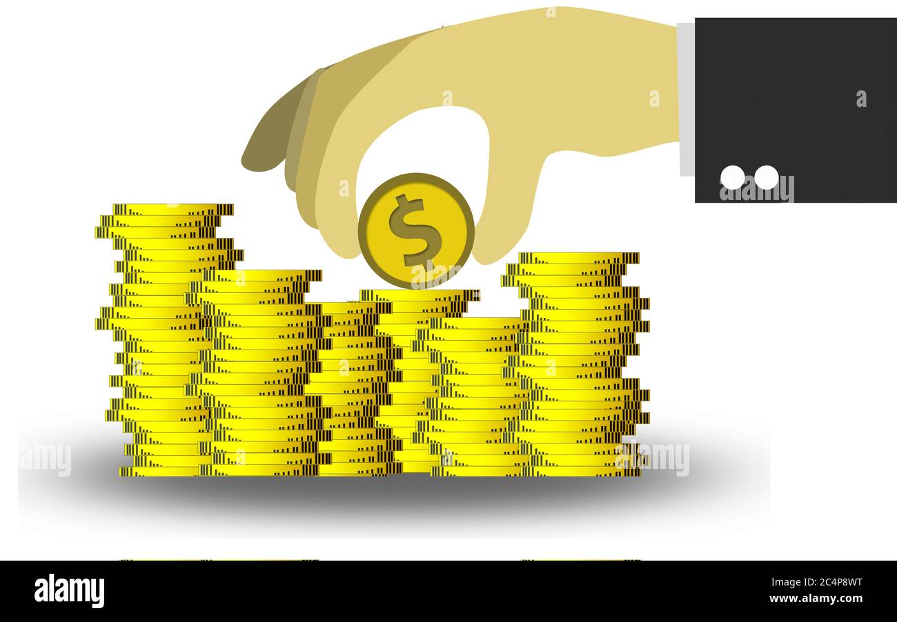 Hand putting coin to stacks of money, 3D rendering Stock Photo - Alamy