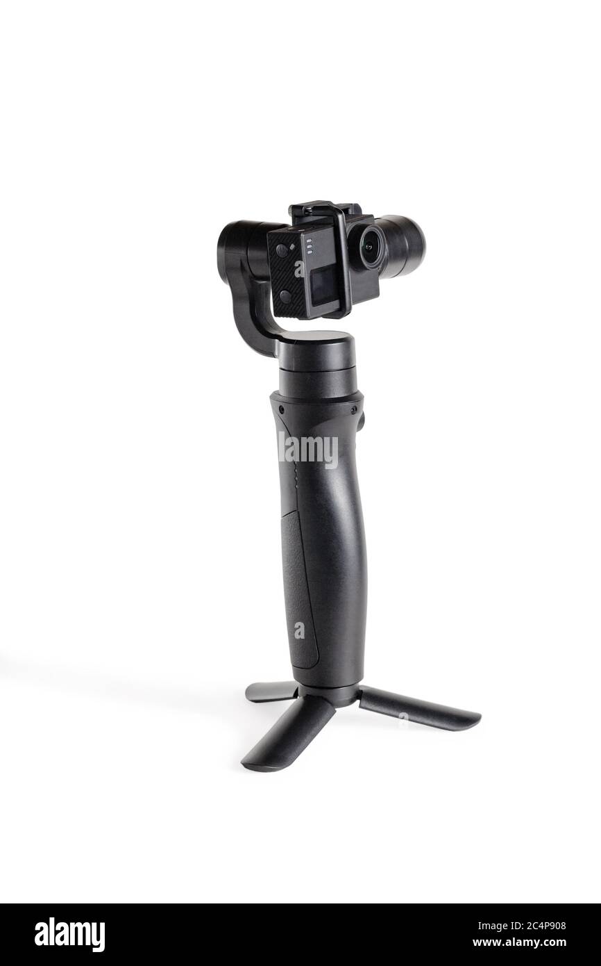 Gimbal with Action Camera. Close-up. Isolated over white background ...